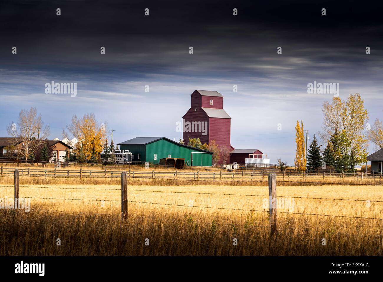 Grain elevator standing tall in a farmyard on the Alberta prairies ...