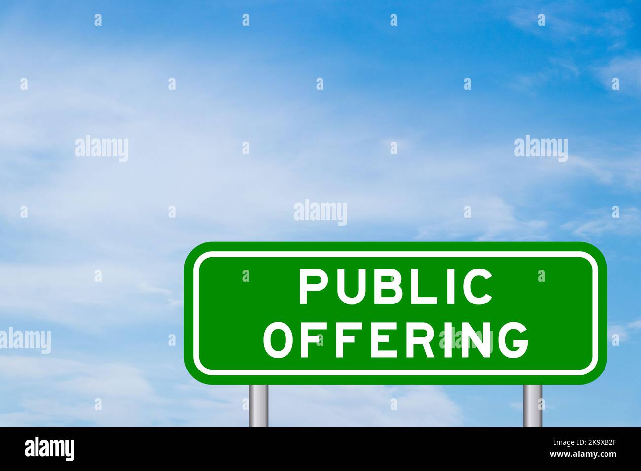 Green color transportation sign with word public offering on blue sky ...