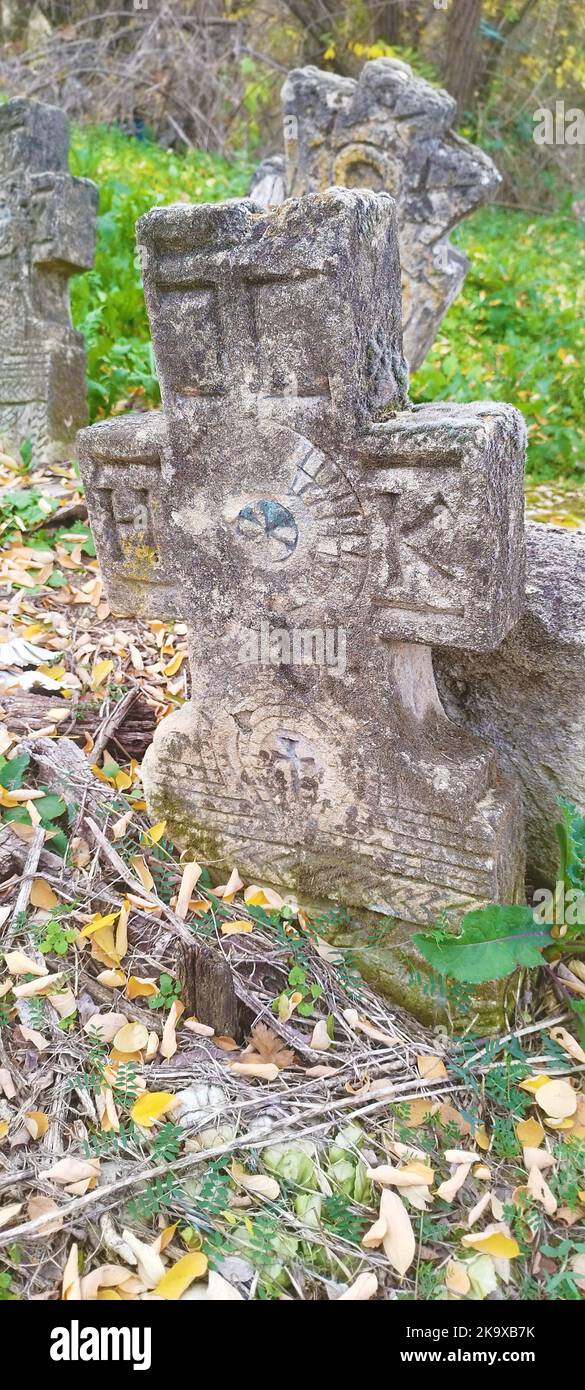 Orthodox symbols on tombstones on graveyard in East Serbia Stock Photo ...