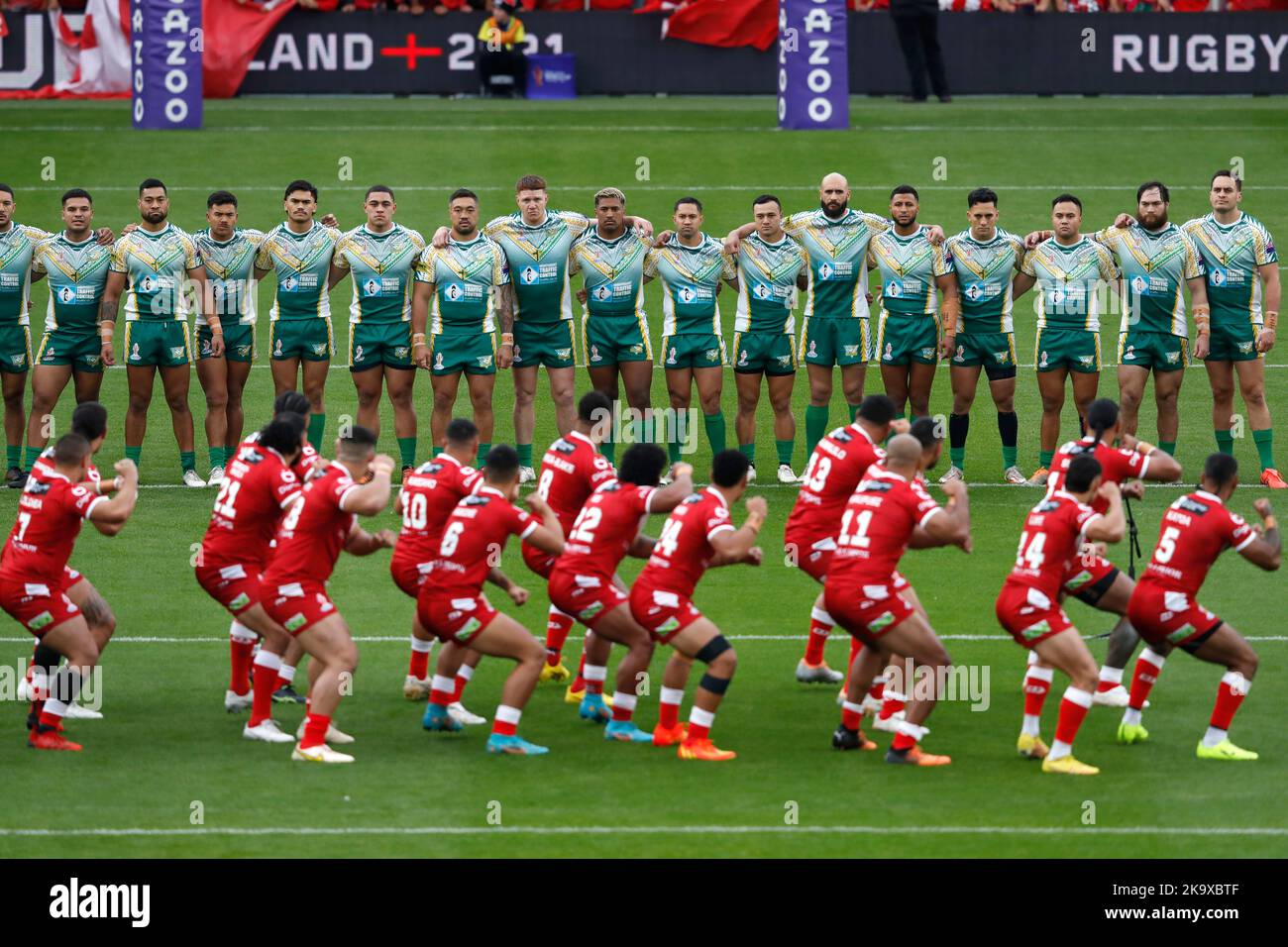 Tonga players perform a Sipi Tau during the Rugby League World Cup ...