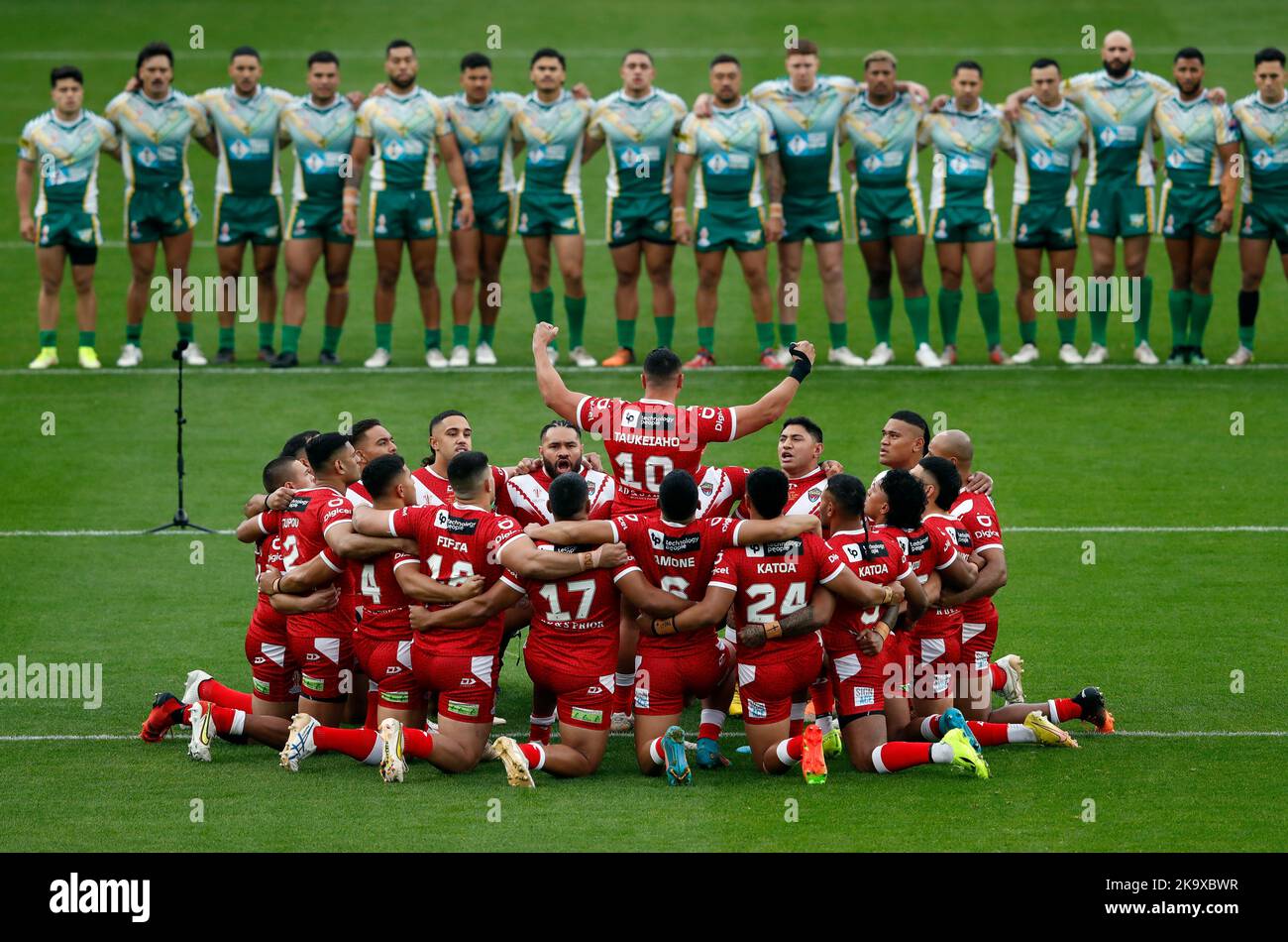 Tonga players perform a Sipi Tau during the Rugby League World Cup ...