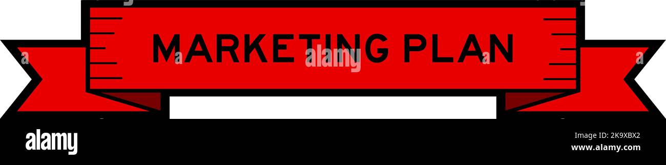 Red color ribbon label banner with word marketing plan on white ...