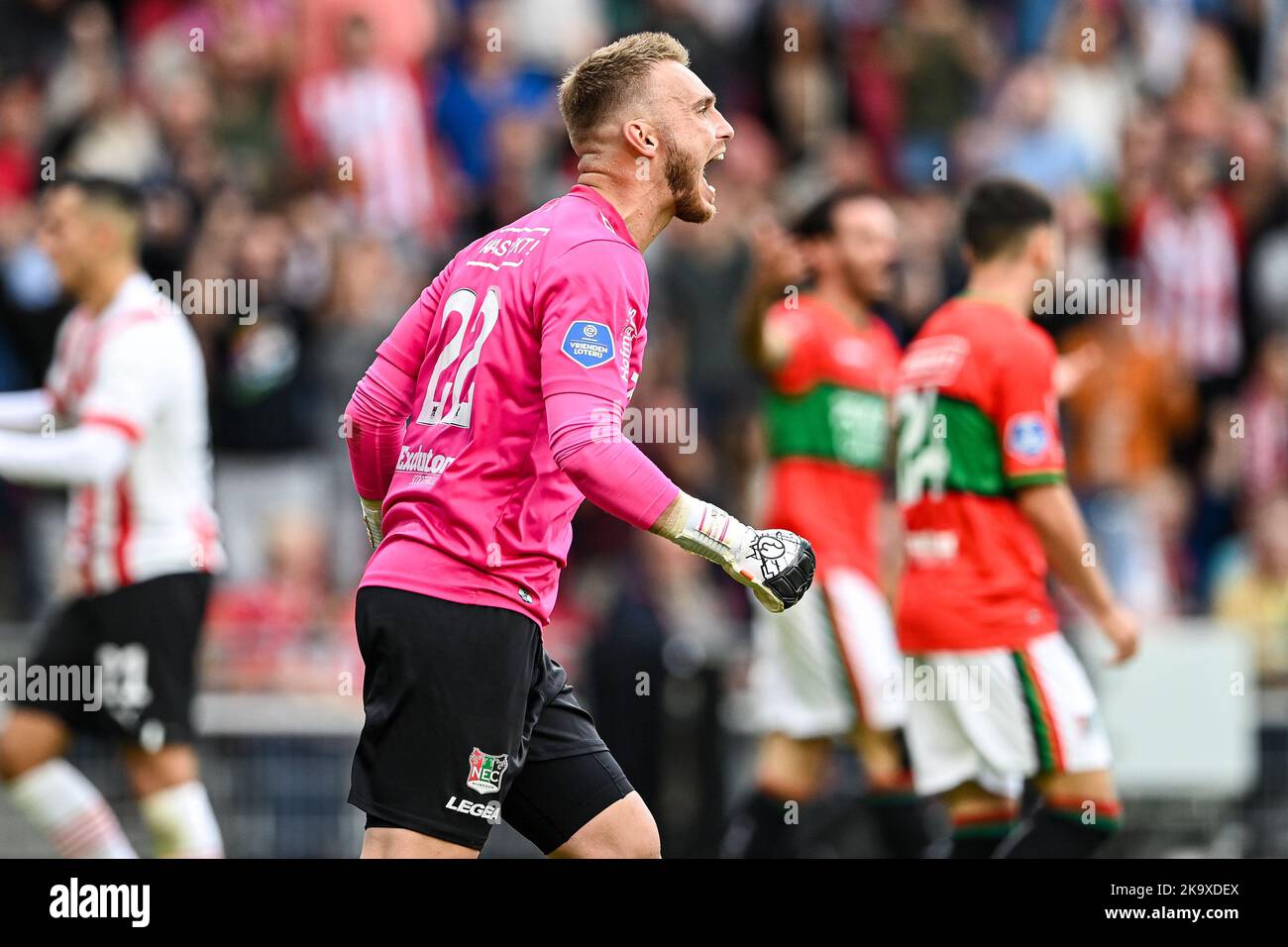 EINDHOVEN - NEC Nijmegen goalkeeper Jasper Cillessen reacts to Luuk de ...