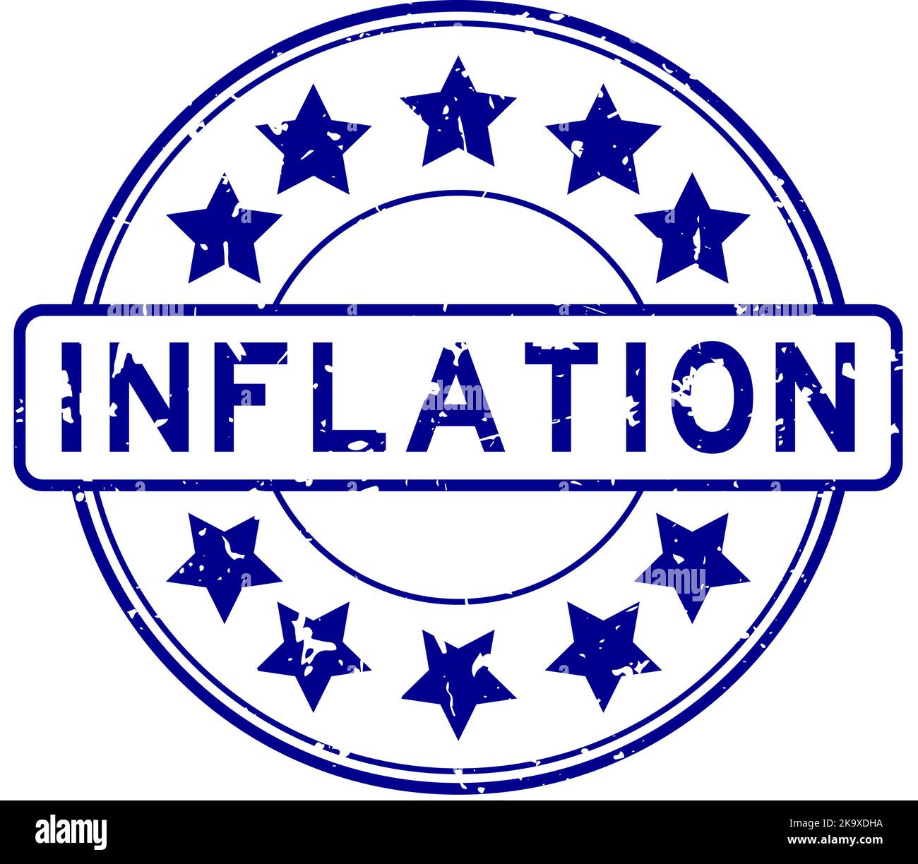 Grunge blue inflation word with star icon round rubber seal stamp on ...