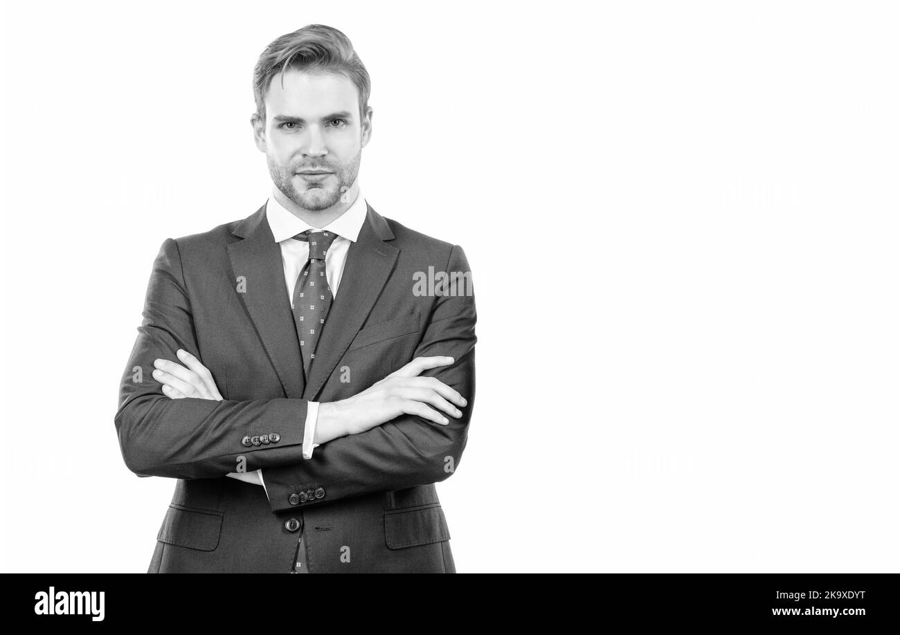 Serious confident man employee in formal suit keep arms crossed ...