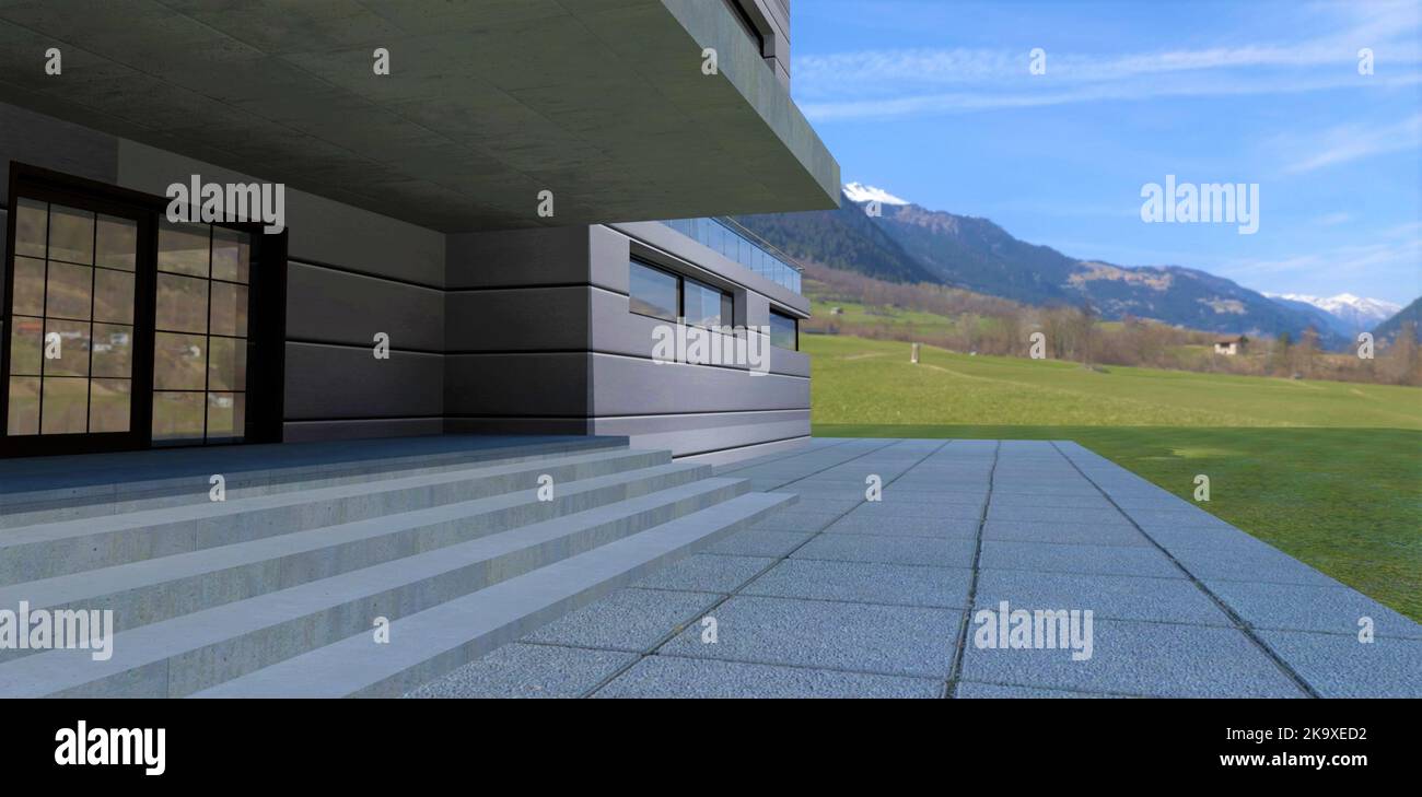 Paving stones of massive stone slabs in front of the porch of a metal ...