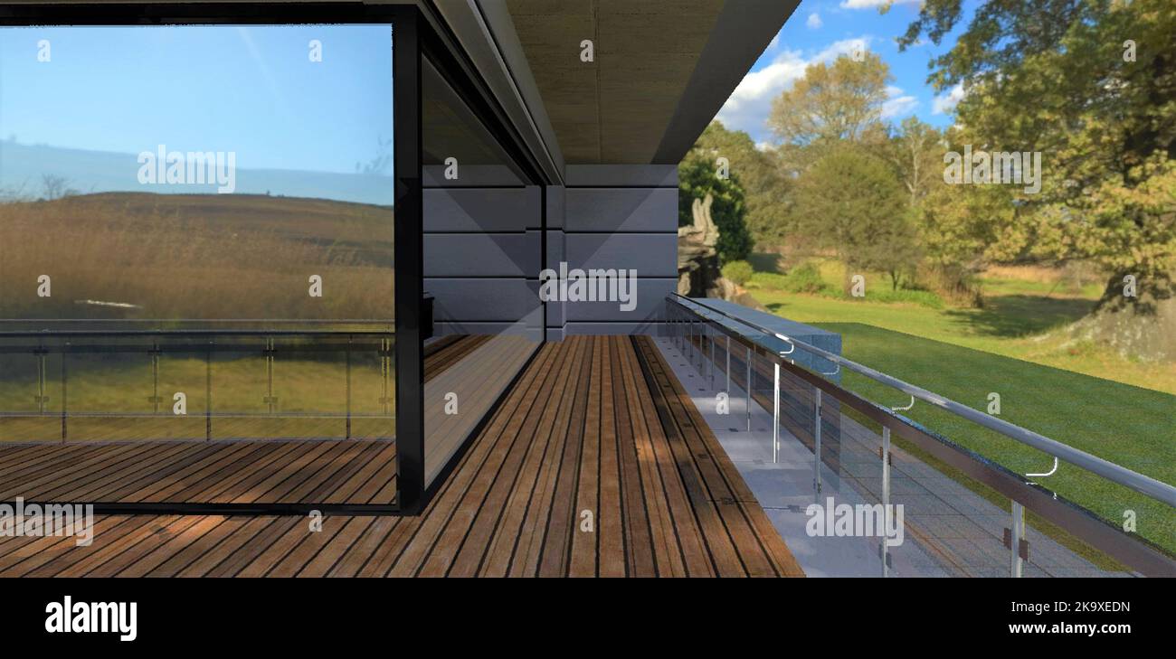 Advanced design of a modern wooden decked balcony. Glass panel fence ...