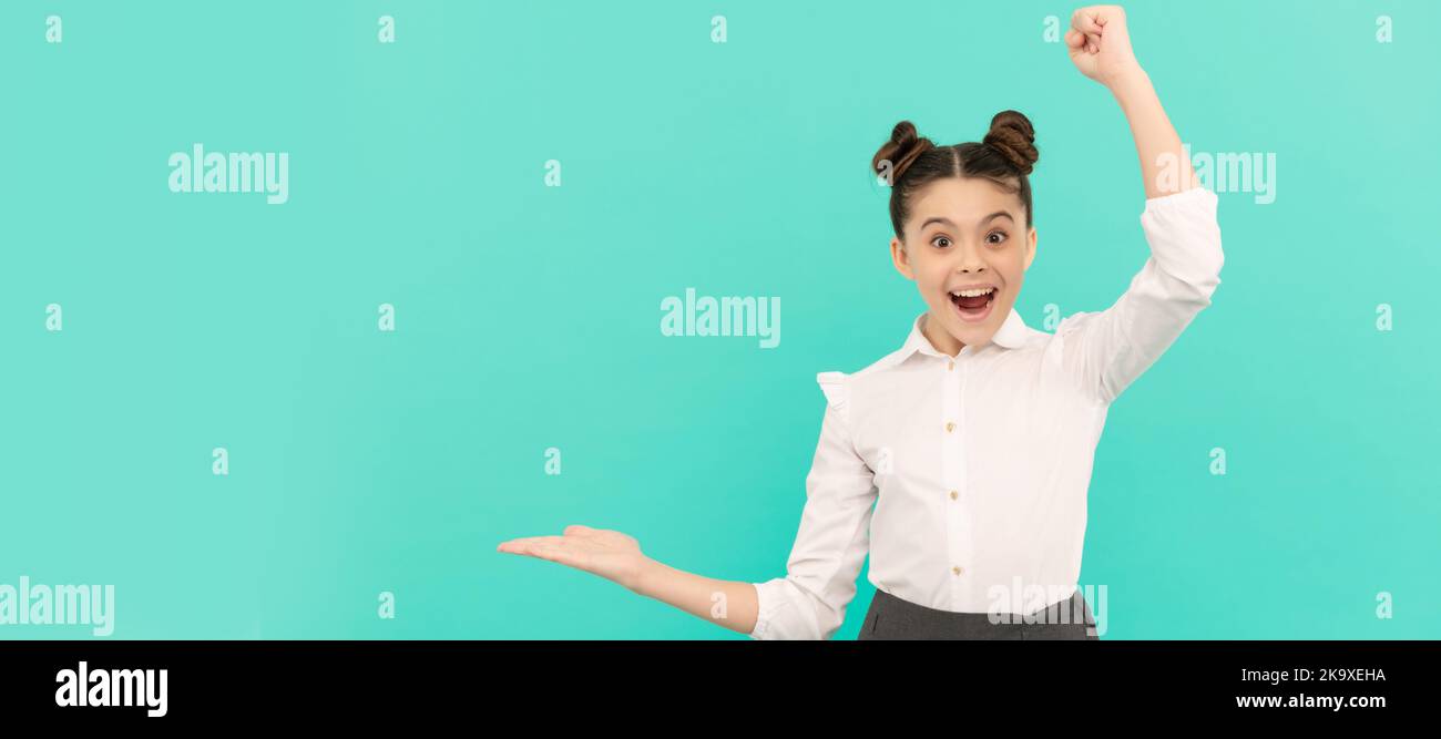 Yippee. Happy kid give winning gesture showing open hand. Celebrating ...