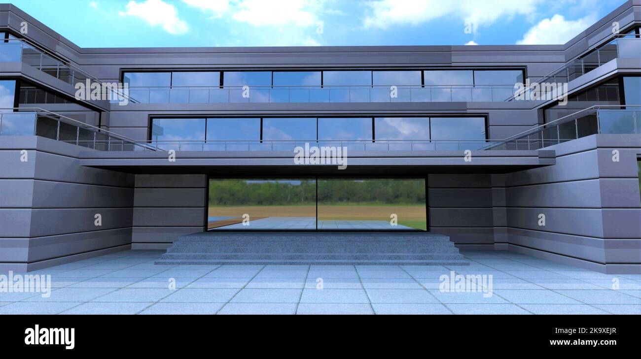 Trendy facade finishing with aluminum panels. Low rise office building ...