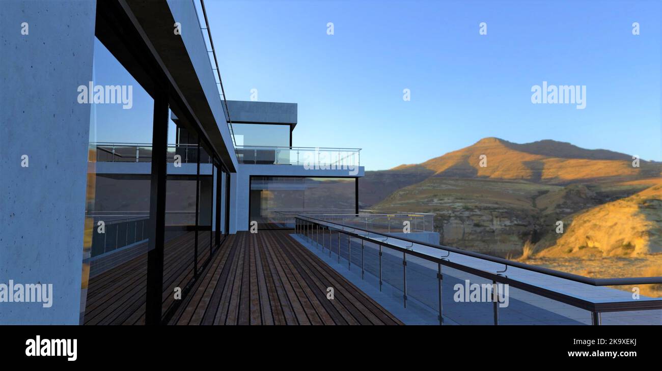 Terrace covered with wood. Glass railing with metal railings. Modern ...