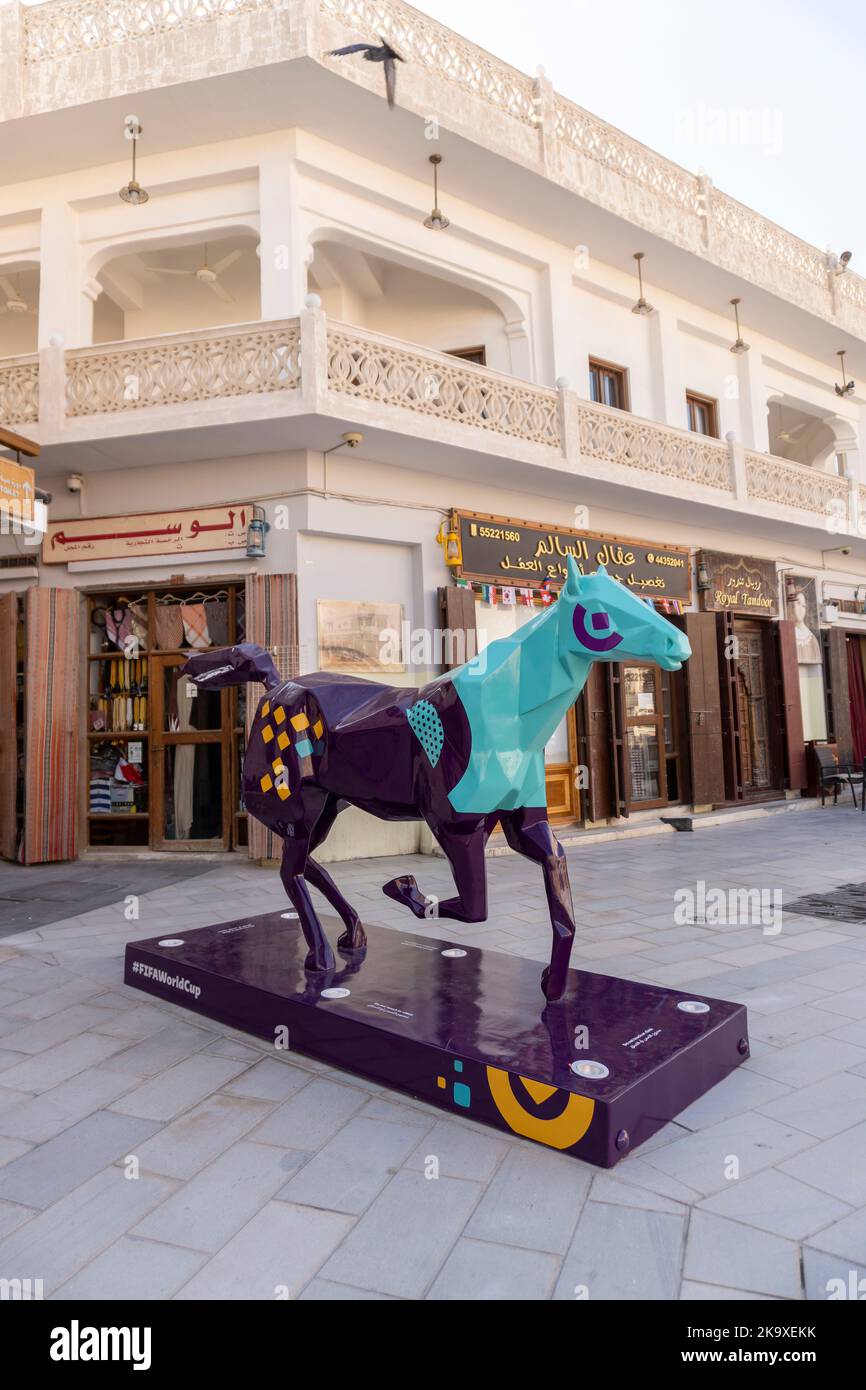 The 2022 FIFA World Cup advertisement in Souq Waqif, a marketplace in ...
