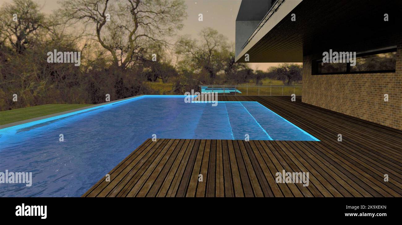 Cool swimming pool with blue lighting on the roof of a modern private ...