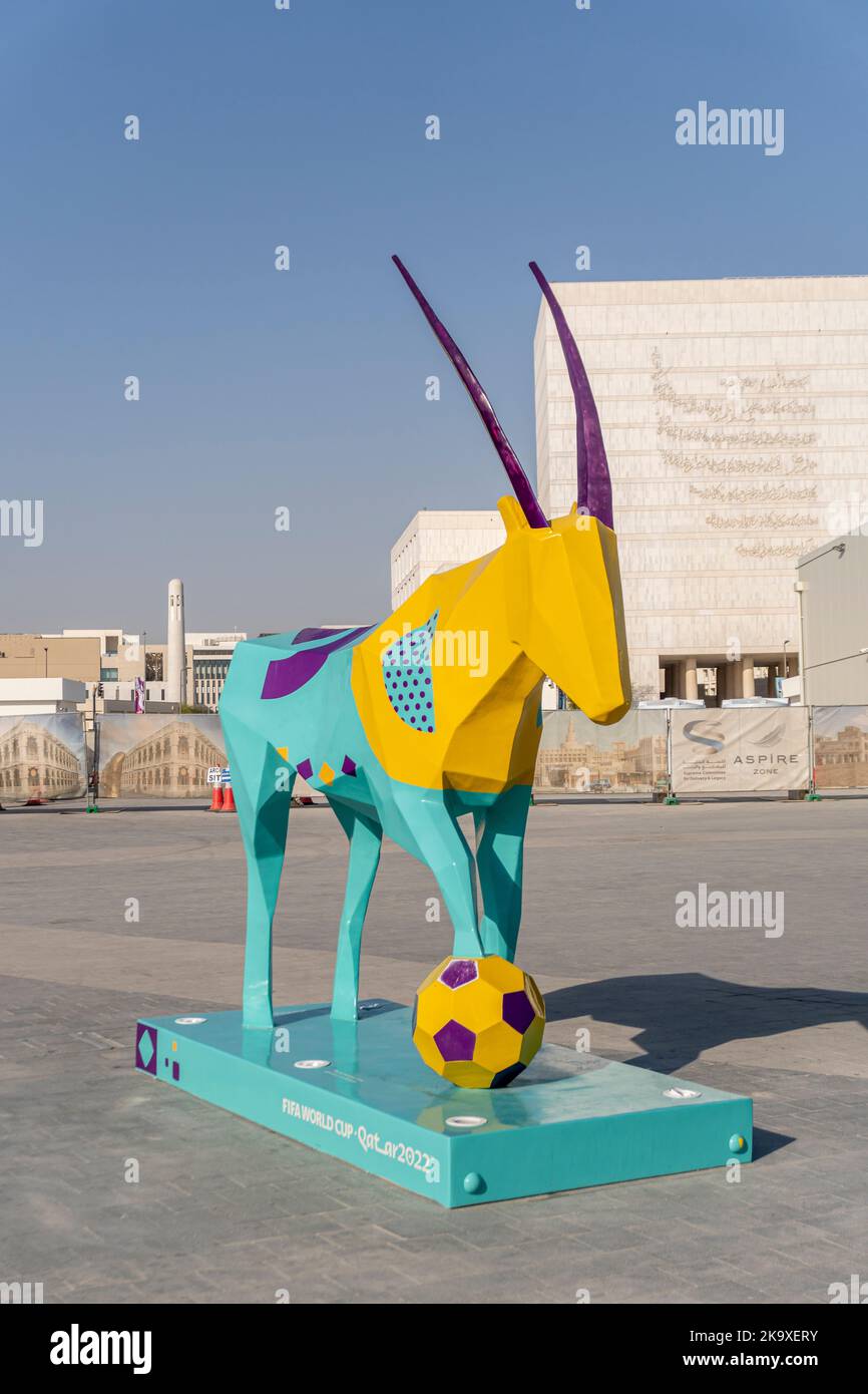 The 2022 FIFA World Cup advertisement in Souq Waqif, a marketplace in ...
