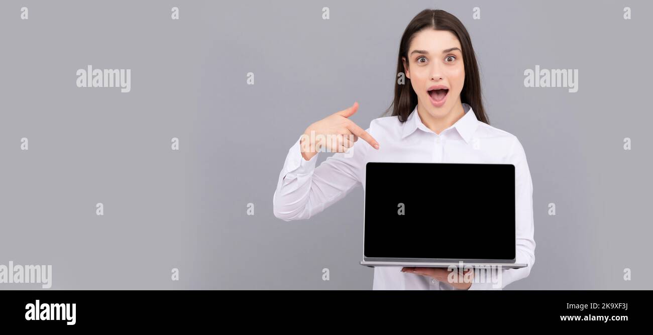 Woman isolated face portrait, banner with mock up copy space. surprised ...