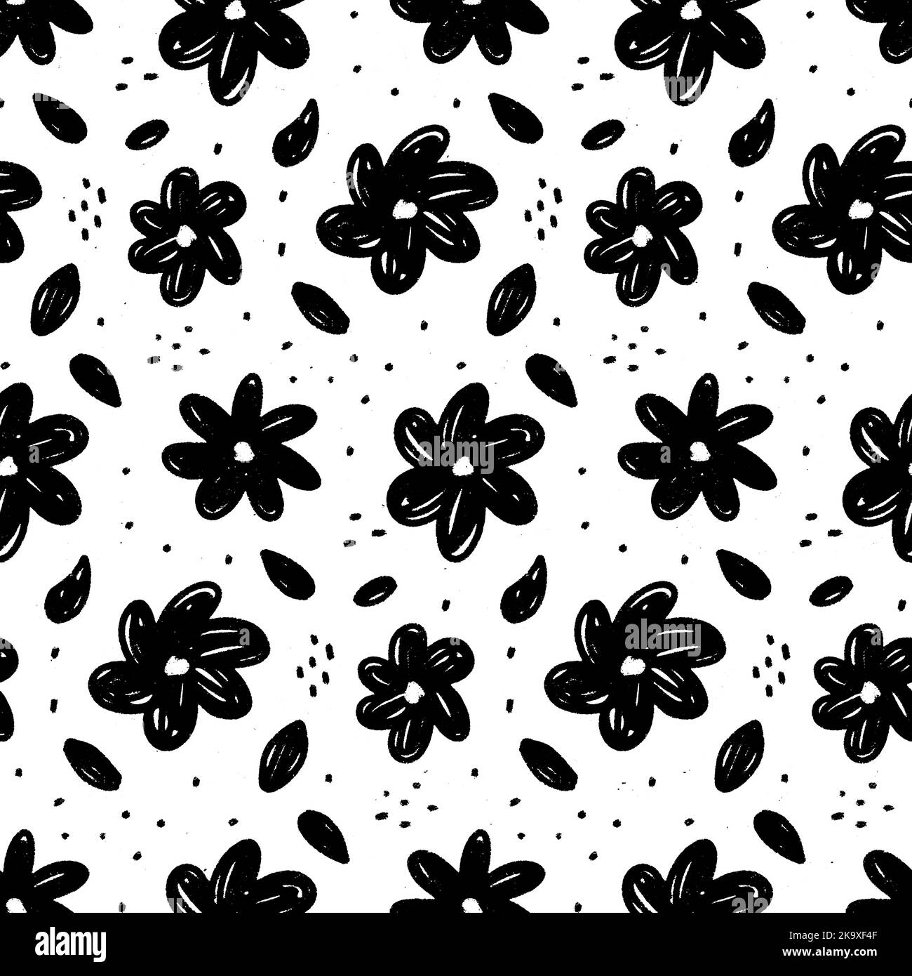 Scribbled Monochrome Grunge Flowers Seamless Pattern. For vintage ...