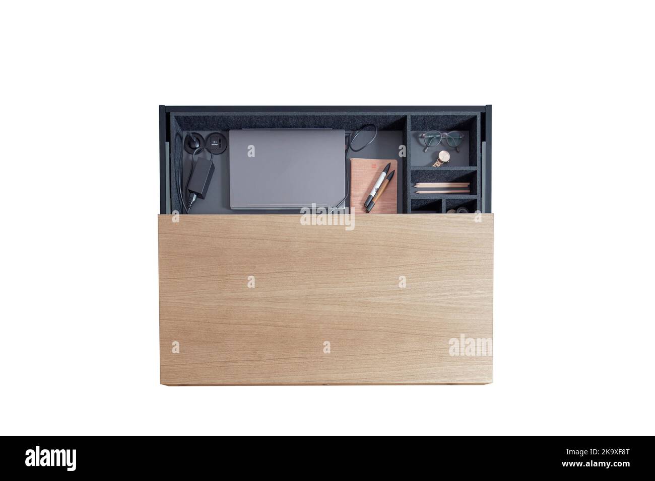 Wooden open drawer with office supplies isolated on white, elevanted ...