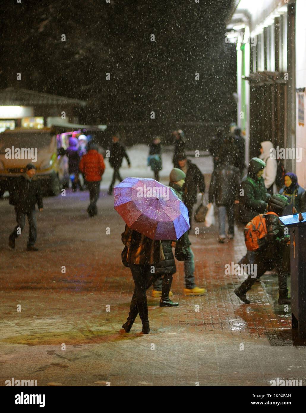 Heavy wet snow falling, woman standing under pink umbrella, blurred ...