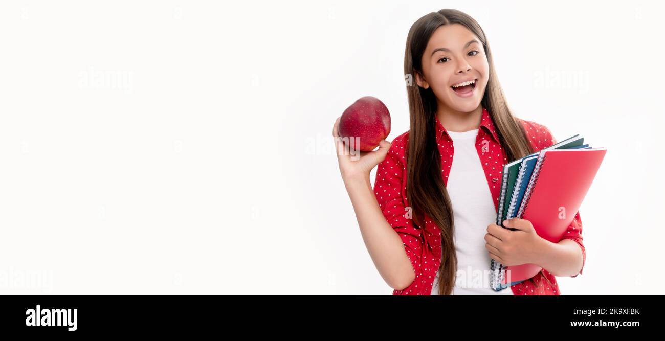 back to school. child with apple ready to study. healthy childhood. kid ...
