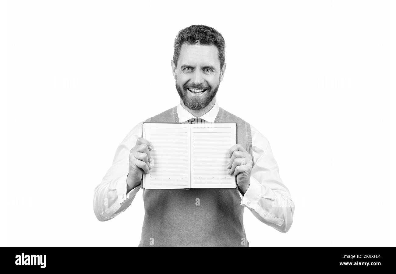 happy man show open book page. boss ready to examine business report ...