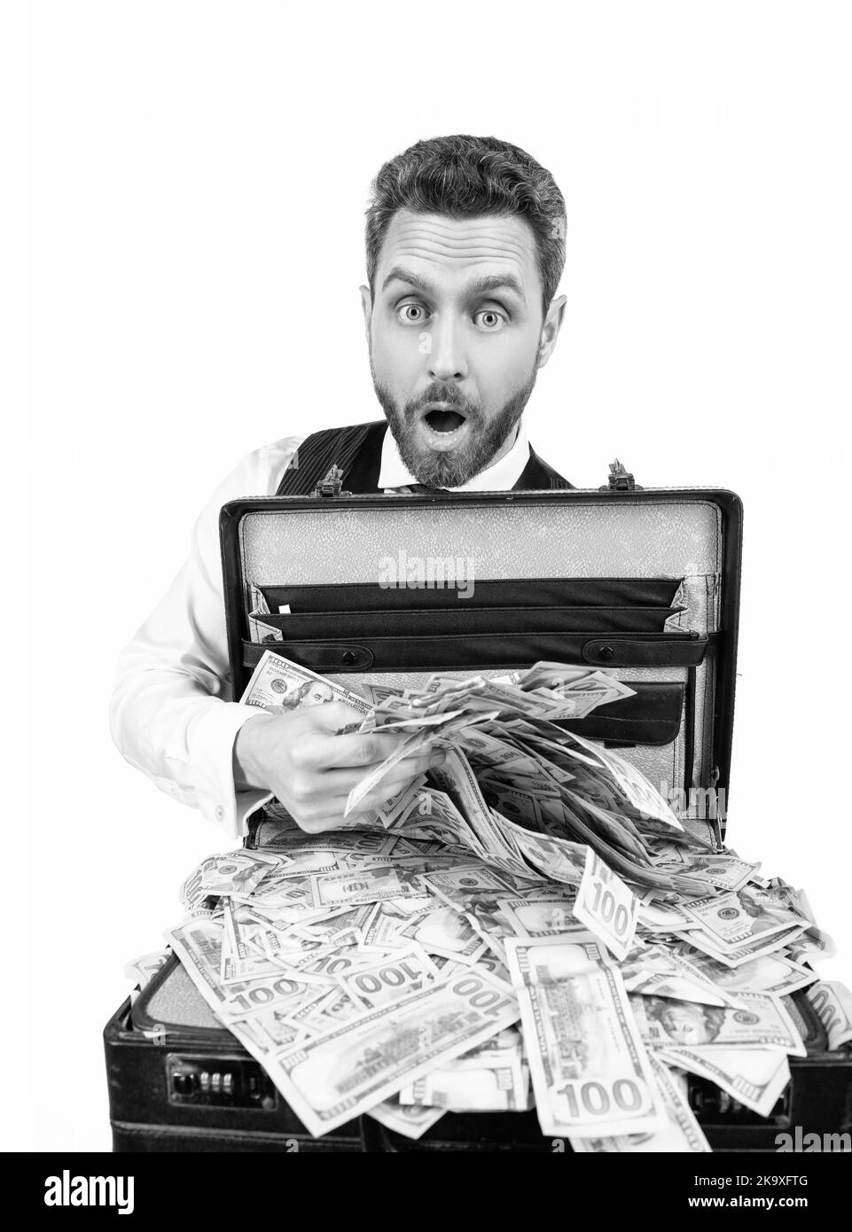 financial support. investment. shocked businessperson with money case ...