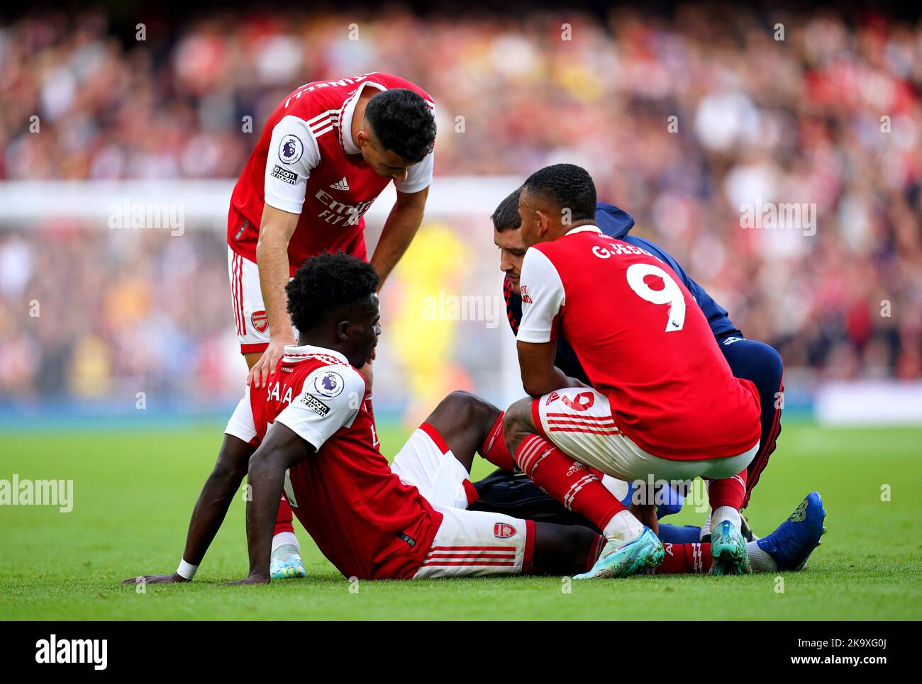 Arsenal's Bukayo Saka picks up an injury during the Premier League ...