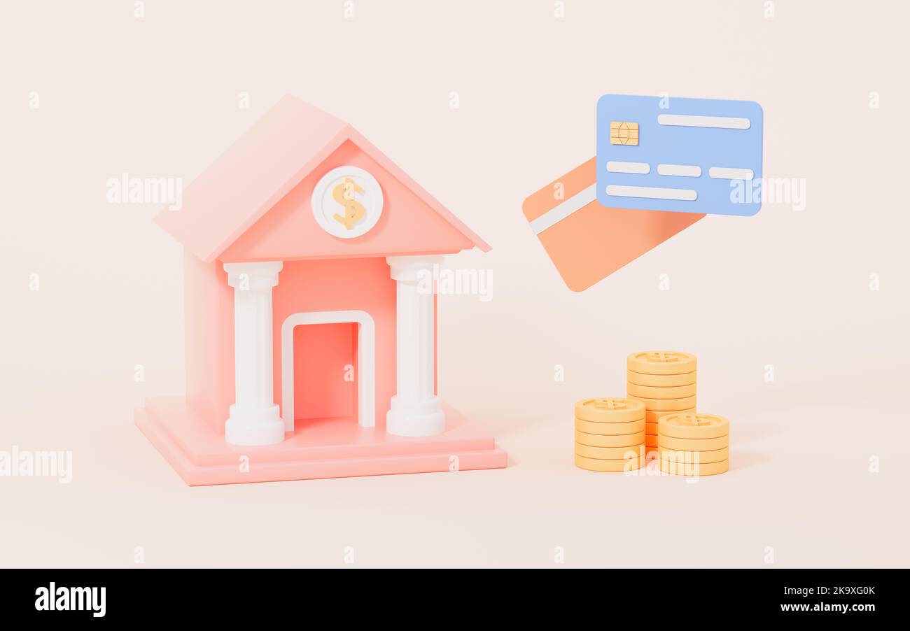 Bank and bank cards with cartoon background, 3d rendering. Digital ...