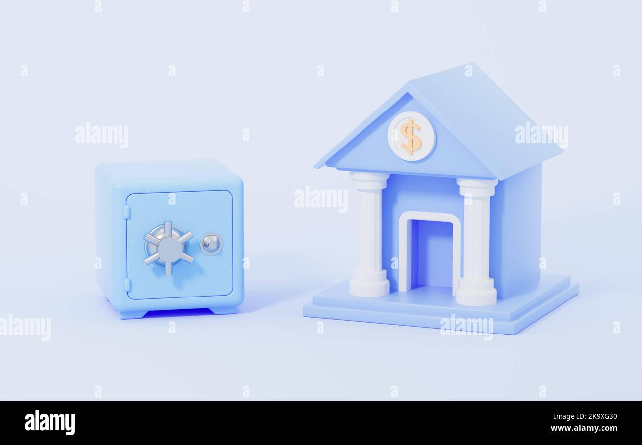 Safe box and bank with blue background, 3d rendering. Digital drawing ...