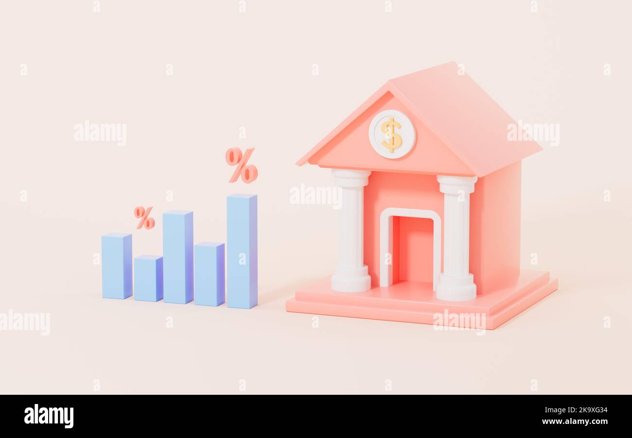 Bank and interest rates with pink cartoon background, 3d rendering ...
