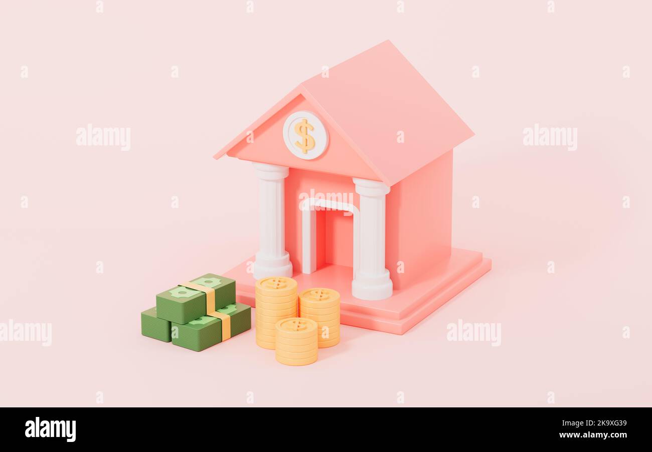 Cartoon bank and cash with pink background, 3d rendering. Digital ...