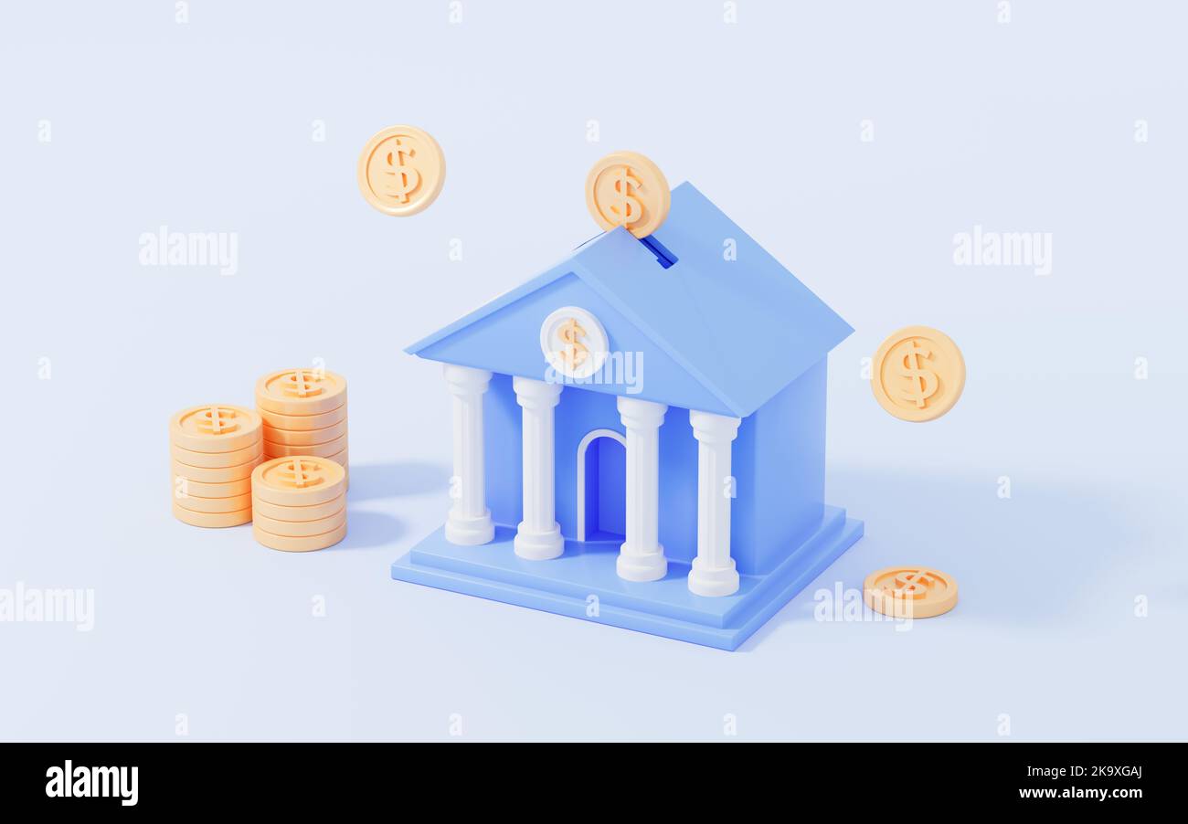 Cartoon bank and scattered coins with blue background, 3d rendering ...