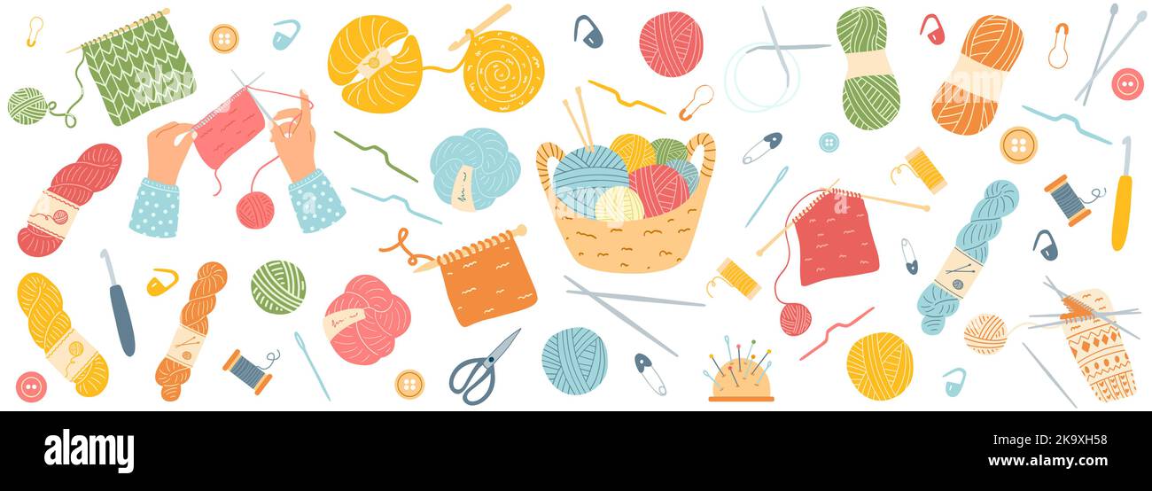 Hand drawn set of knitting accessories. Vector illustration of yarn ...