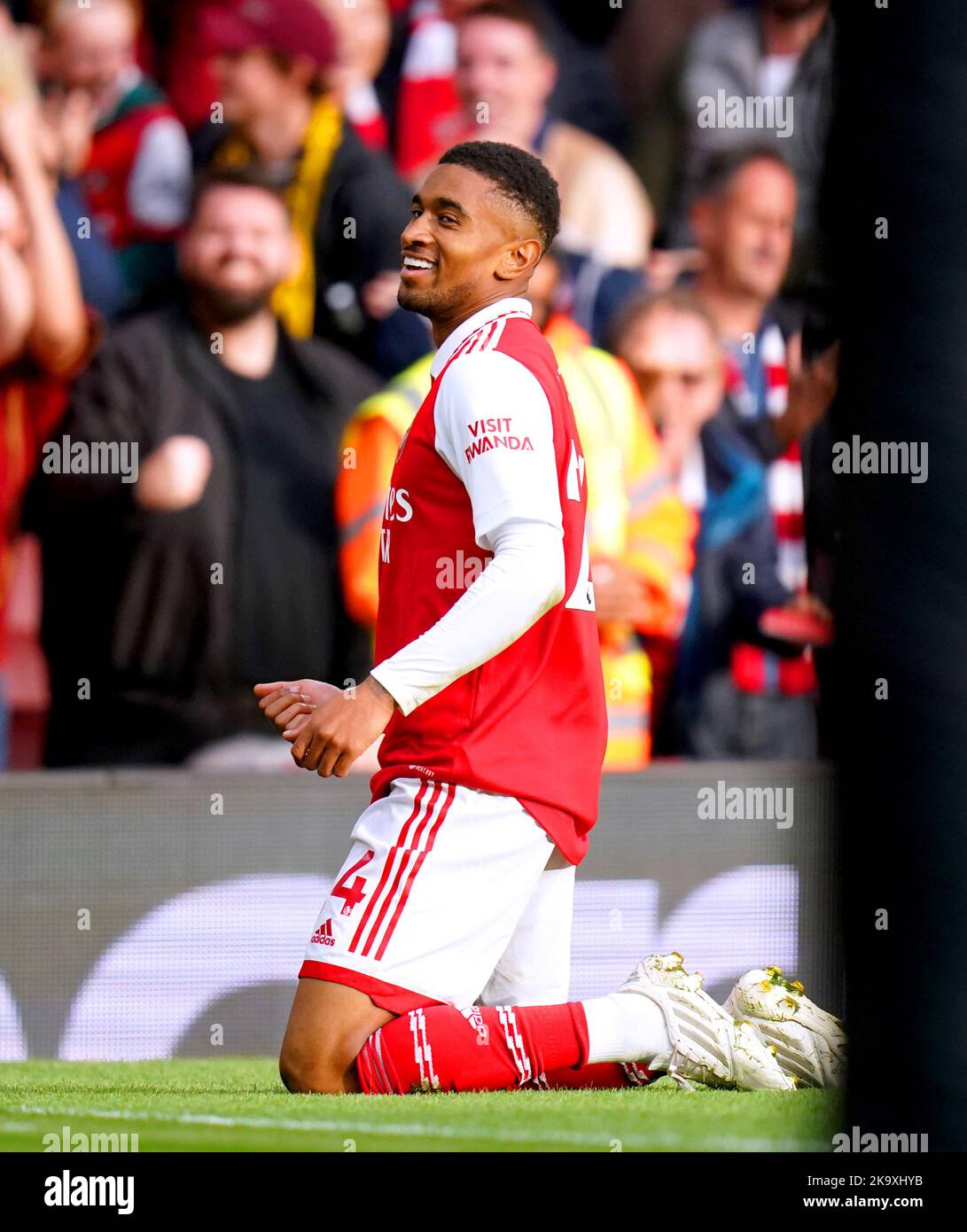 Arsenal's Reiss Nelson celebrates scoring their side's third goal of ...