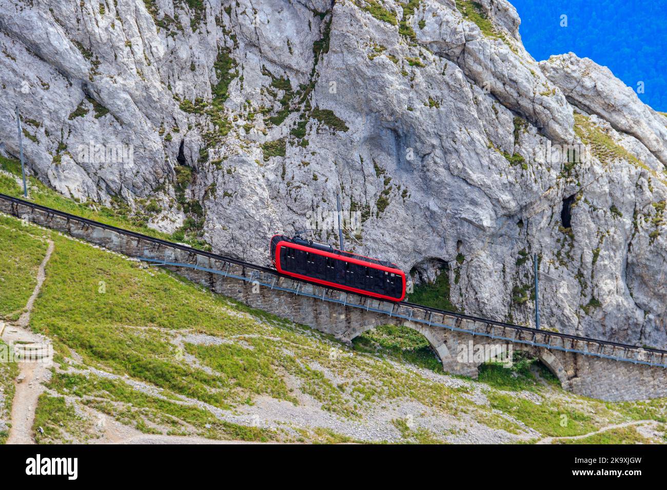 Cogwheel train climbing to the top of Mount Pilatus in Canton Lucerne ...