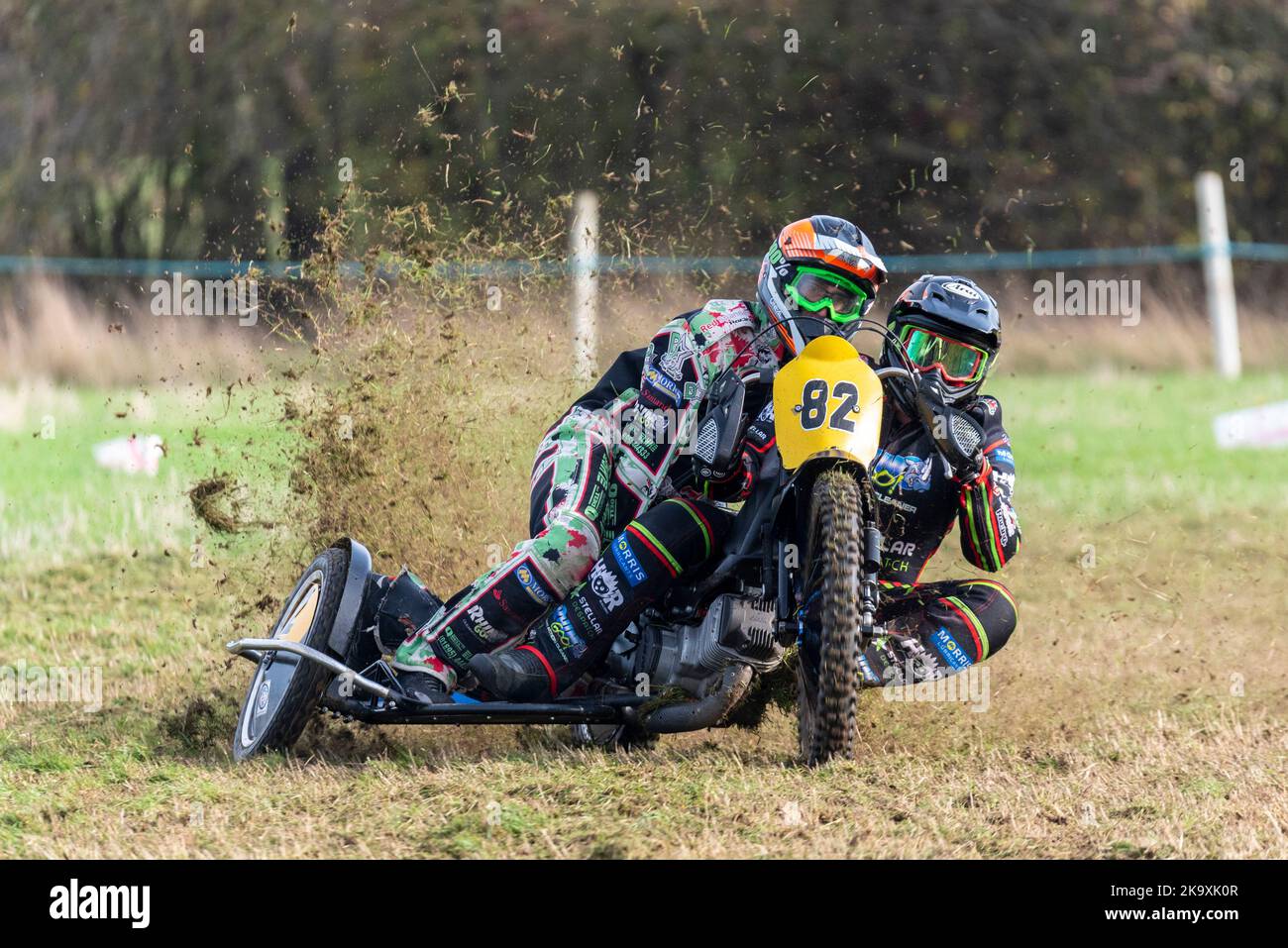 Benjamin Ilsley & Luke Russell racing in a grasstrack motorcycle race ...