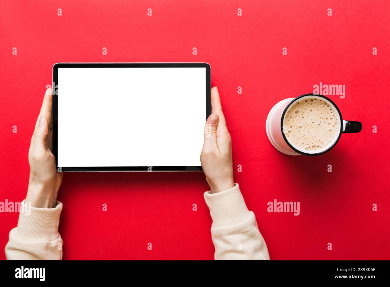Close up image woman hands holding digital tablet with blank copy space ...