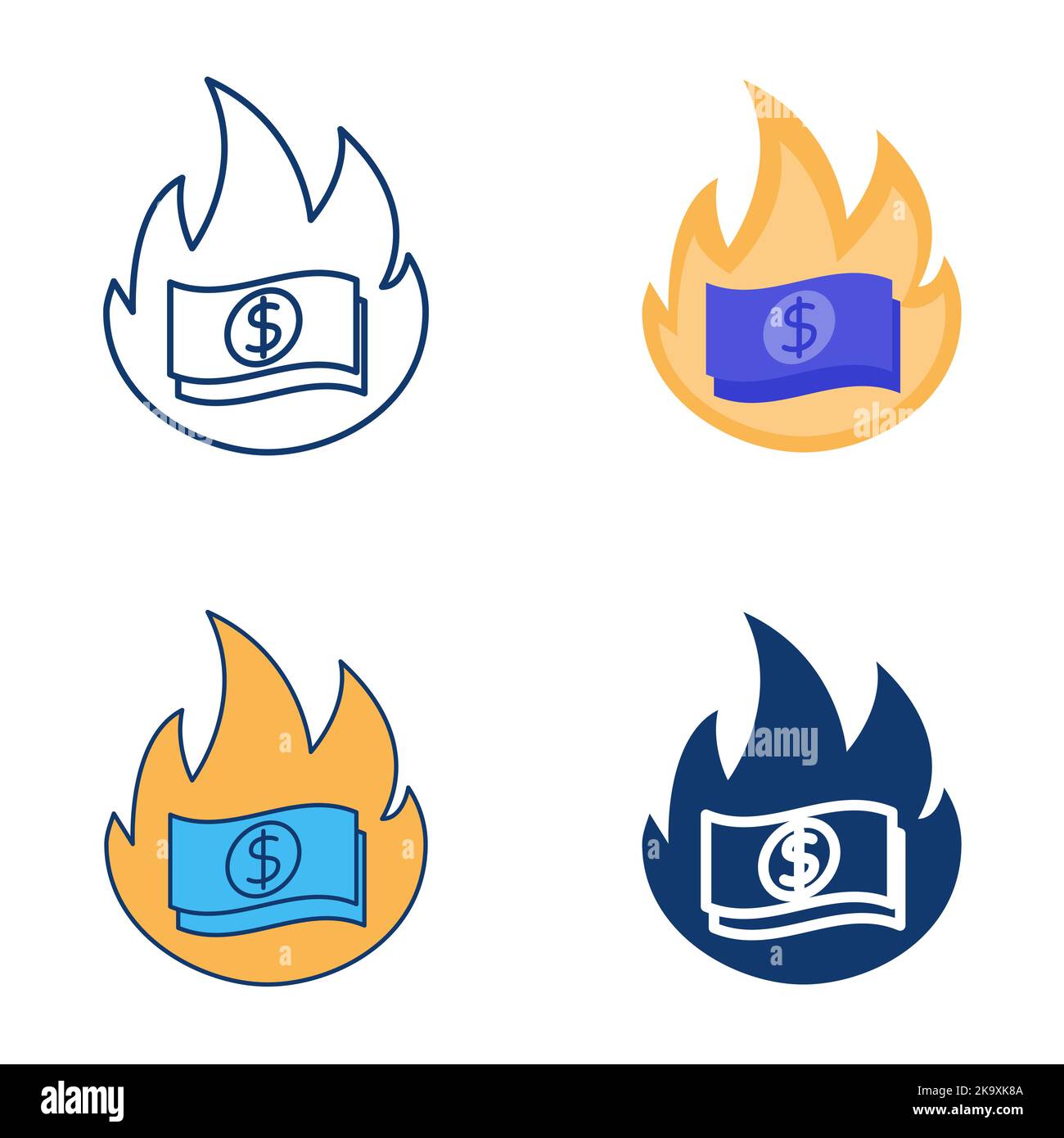 Inflation icon set in flat and line style. Money on fire, economic ... Inflation icon set in flat and line style. Money on fire, economic ...