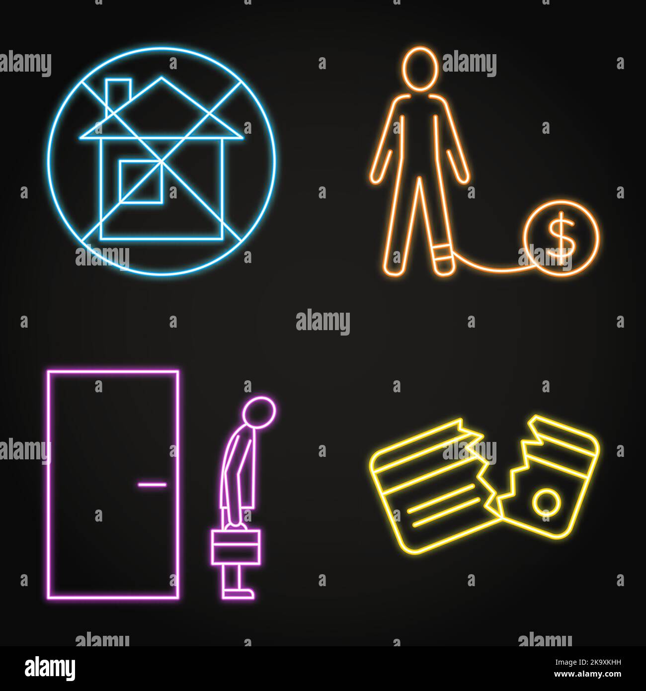 Economic and financial crisis neon icon set in line style. Bank debt ...