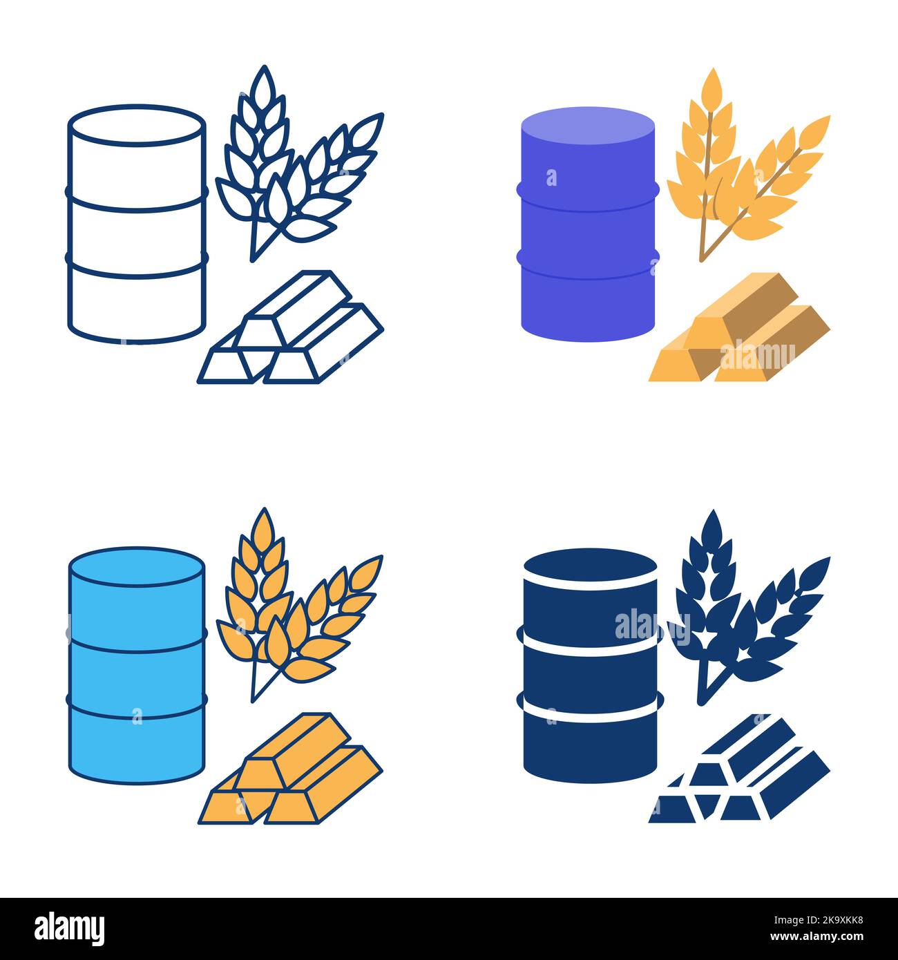 Commodity market icon set in flat and line style. Crude oil, wheat and ...