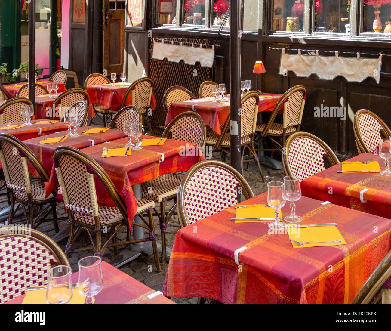 Outdoor restaurant scenery with tables and chairs seen in France Stock ...