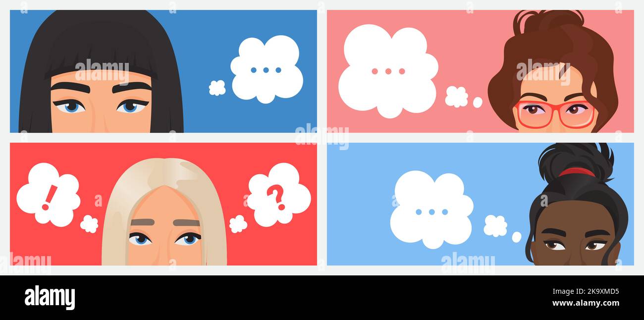 Girls think with bubbles above heads set vector illustration. Cartoon ...