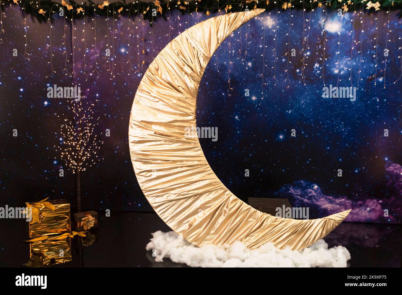 Decorative young moon on star sky background - template for Christamas ...