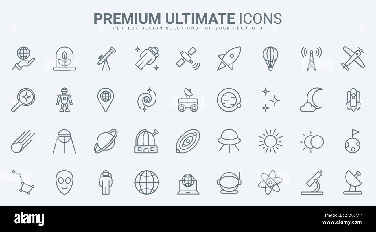 Space discovery, spaceship and futuristic station thin line icons set vector illustration ...