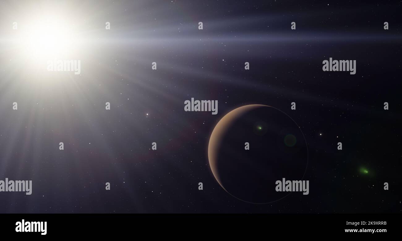 Mars and the sun in space, sunrise on Mars. Sun rays and a travel to ...