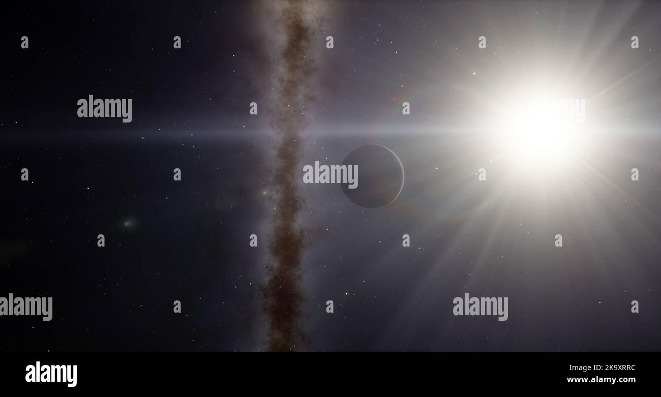 Mars and the sun in space, sunrise on Mars. Sun rays and a planet 3d ...