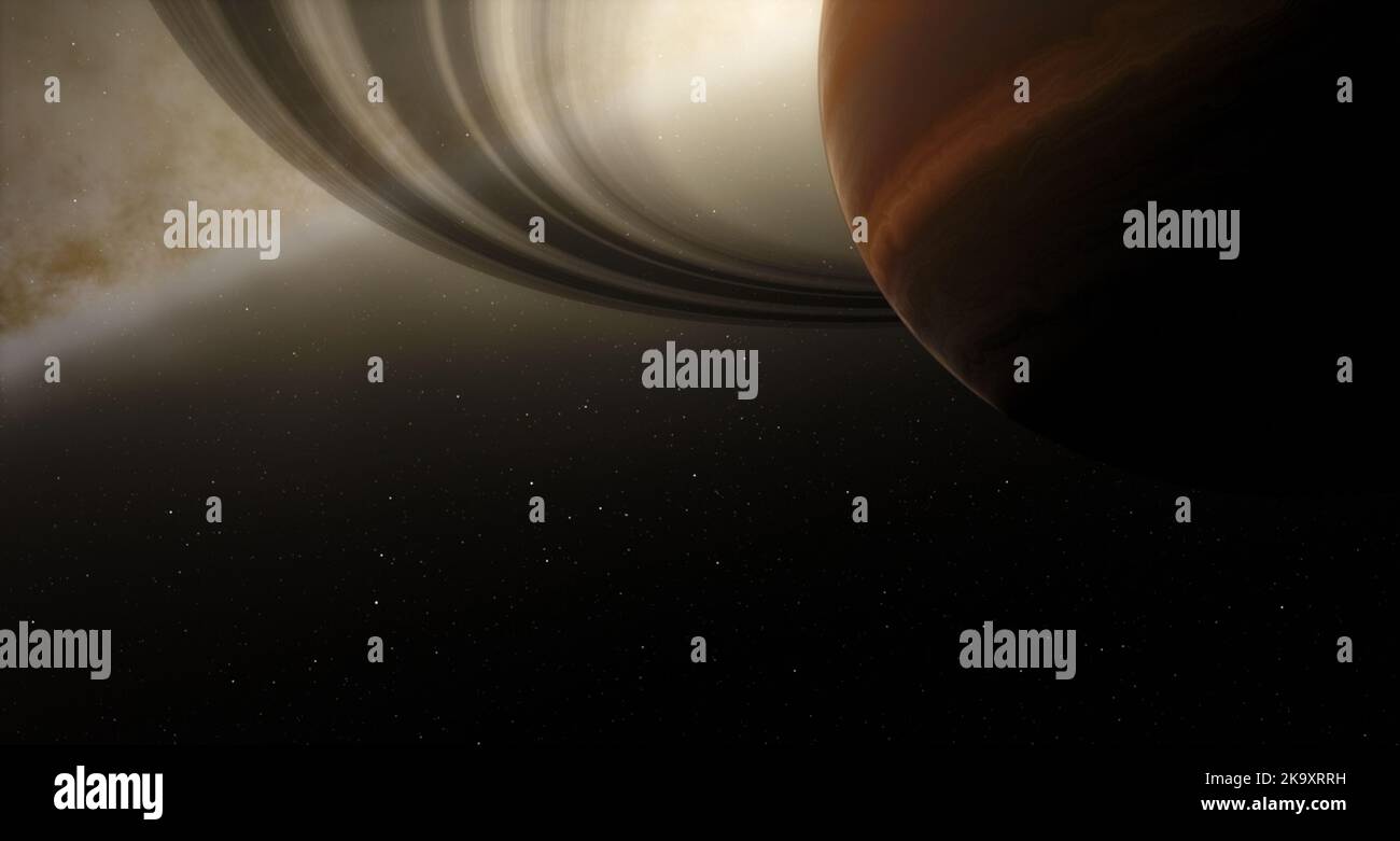 Saturn rings and stars. Sun rays and and a planet 3d illustration ...