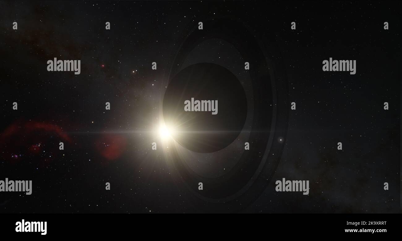 Sunrise on Saturn.. Sun rays and and a planet 3d illustration ...