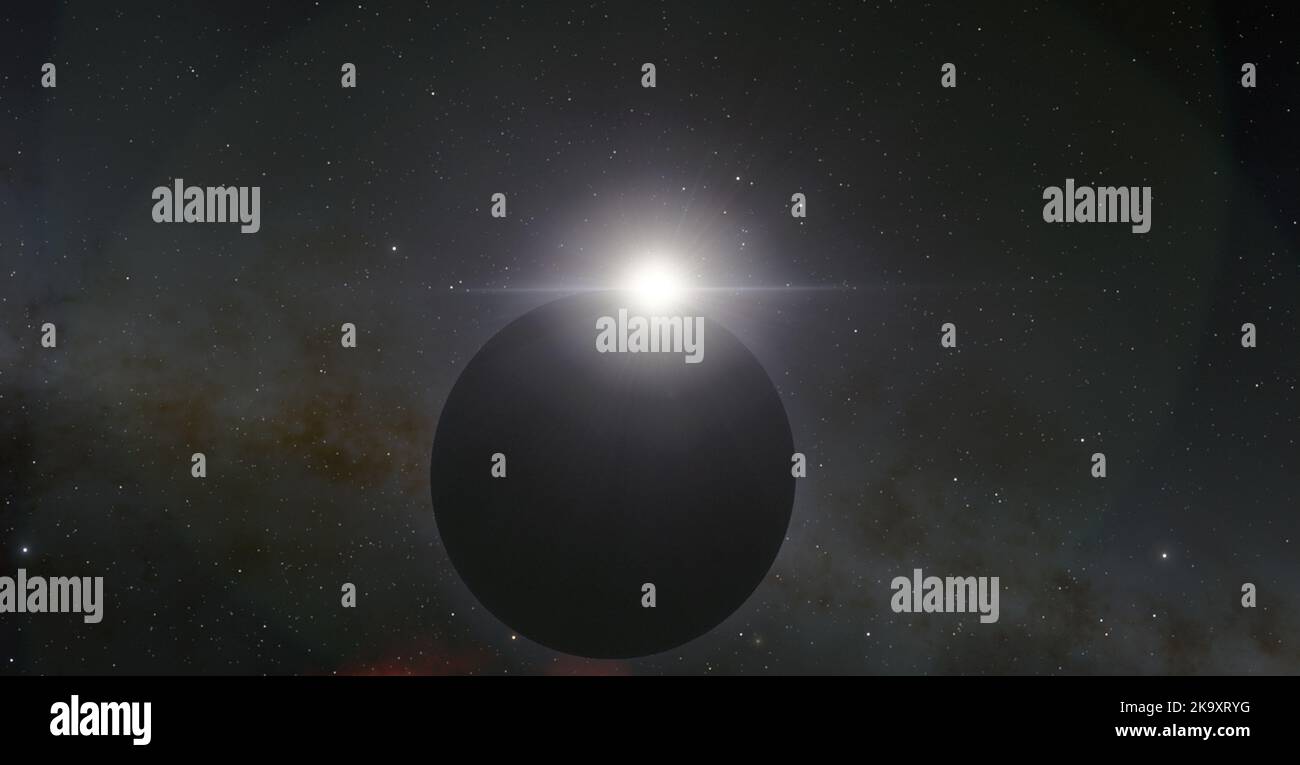 Sunrise on Pluto. Sun rays and and a planet 3d illustration background ...