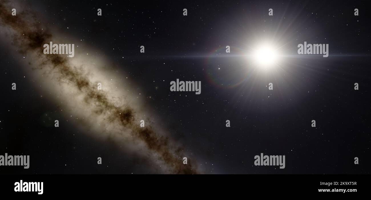 Sun rays and stars of the Milky Way galaxy as it is seen from the space ...