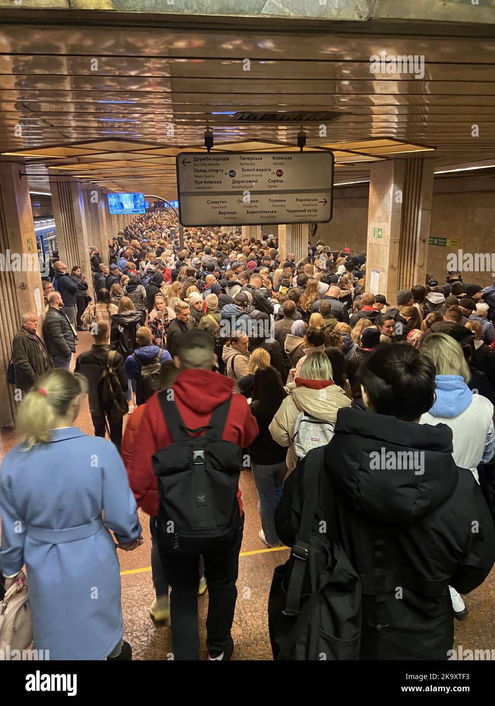Kyiv , Ukraine - October 2022: A crowd of local residents of Kyiv hide ...