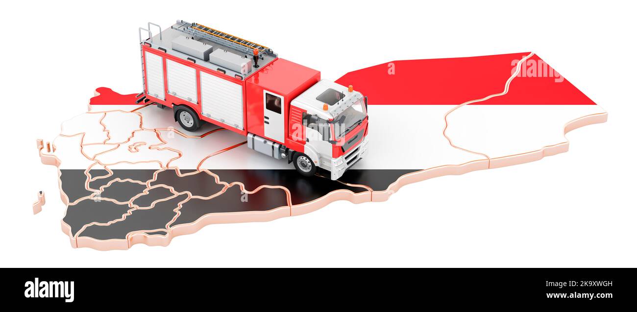 Fire department in Yemen. Fire engine truck on the Yemeni map. 3D ...